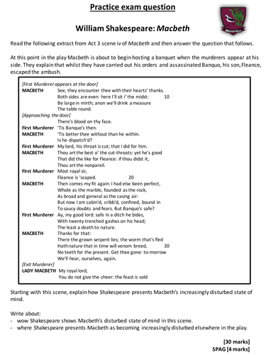 Macbeth Act 3 scene 4 practice exam question (AQA Literature Paper 1) | Teaching Resources