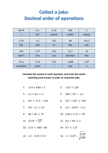 Decimal calculations - order of operations collect a joke | Teaching ...