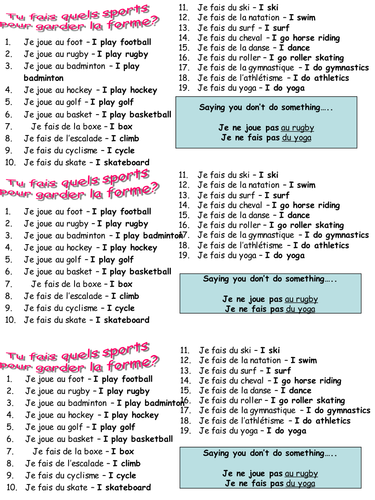 Worksheet and vocab sheet - faire et jouer with sport | Teaching Resources