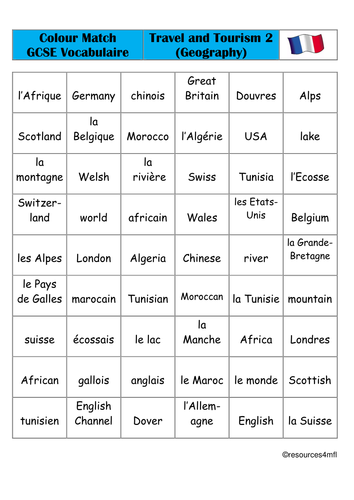 GCSE FRENCH - Travel and Tourism 2 (Geography) - COLOUR MATCH ...