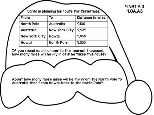 4th Grade Common Core Open Ended Christmas Math Assessment Task (Santa ...