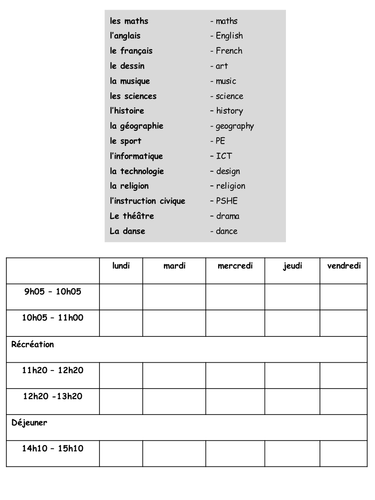 Mon emploi du temps - timetable worksheets and school subjects ...