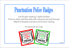 PUNCTUATION POLICE BADGES - FOR PEER MARKING | Teaching Resources