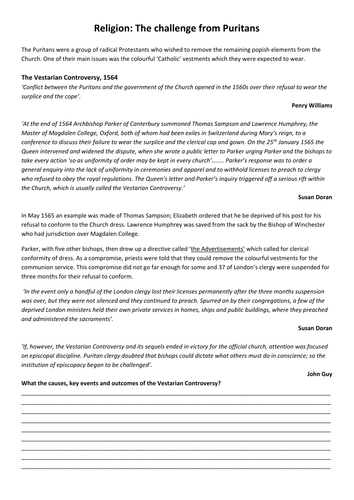 Puritanism in the reign of Elizabeth I - AQA Option C | Teaching Resources