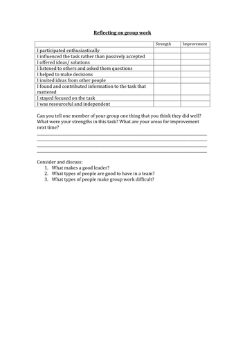 A self-reflection tool following group work | Teaching Resources