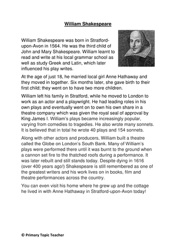 Shakespeare Information and Fact File/Review KS2 | Teaching Resources