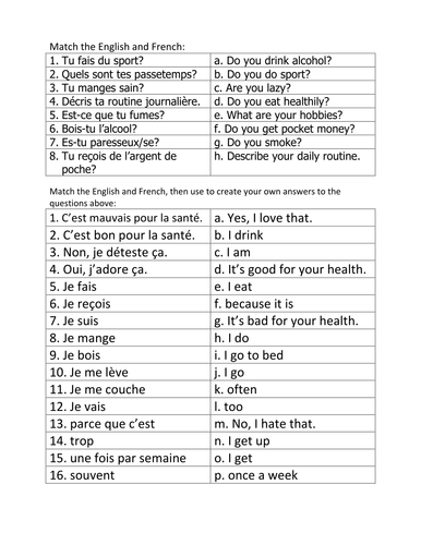 Differentiated French worksheets to answer questions about lifestyle ...