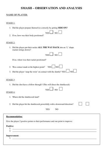 Badminton Smash Shot Resource/ Peer Assessment | Teaching Resources