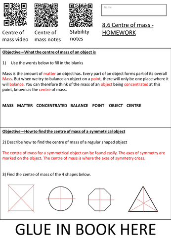 Centre Of Mass Homework | Teaching Resources