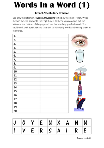 WORDS IN A WORD (1) French Vocabulary Practice | Teaching Resources