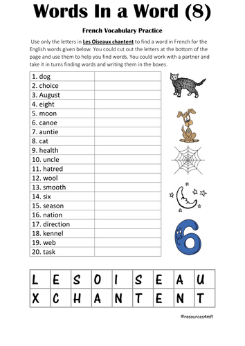 WORDS IN A WORD (8) French Vocabulary Practice | Teaching Resources