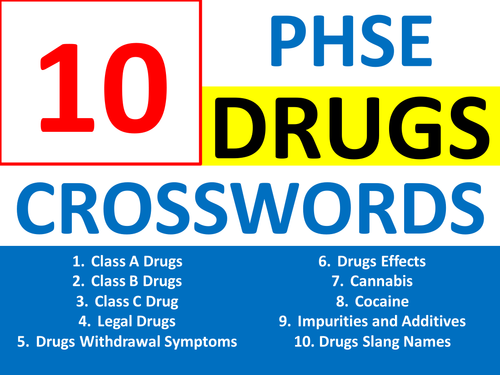 10 Crosswords PHSE Drugs Keyword Starters Crossword Homework or Cover ...