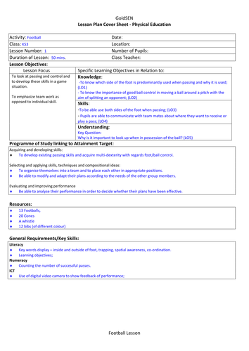 5 Individual Football Lesson Plans and Cover sheets | Teaching Resources