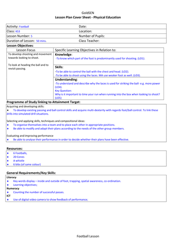 5 Individual Football Lesson Plans and Cover sheets | Teaching Resources