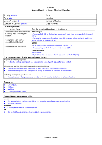 5 Individual Football Lesson Plans and Cover sheets | Teaching Resources