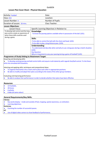 5 Individual Football Lesson Plans and Cover sheets | Teaching Resources