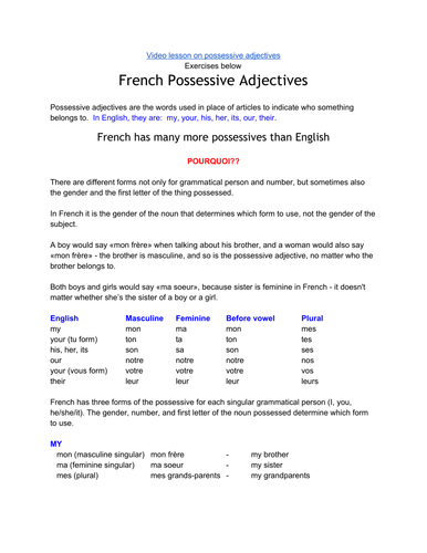 GCSE FRENCH: French Possessive Adjectives Lesson + Exercises ...