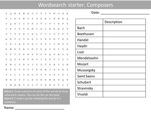 Classical Composers Wordsearch and Crossword Music Keyword Starters ...