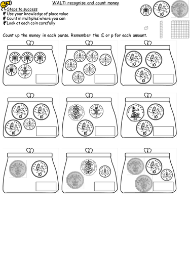 Differentiated worksheets for recognising coins and counting money ...