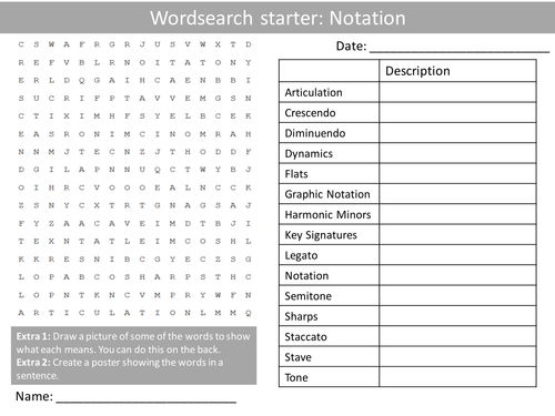 Music Notation Wordsearch Crossword Anagrams Music Keyword Starters ...
