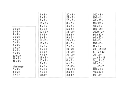 2x table multiplication and division tests - 4 different levels ...