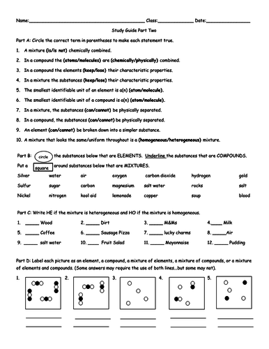 Elements, Compounds, and Mixtures Review Sheet | Teaching Resources