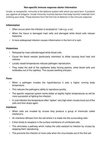 A Level Biology Non-Specific Immune Responses Lesson | Teaching Resources
