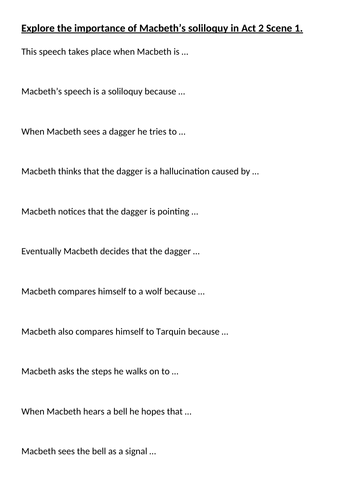 Macbeth: Act 2 Scene 1 (is this a dagger) soliloquy worksheets for ...