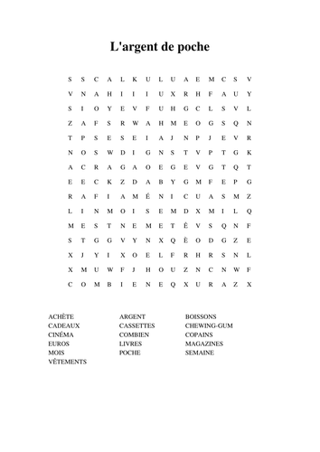 L'argent de poche: mots cachés | Teaching Resources