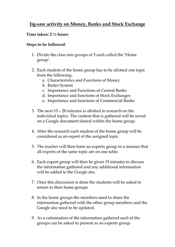 Jig Saw activity - Money, Banks and Stock Exchanges | Teaching Resources