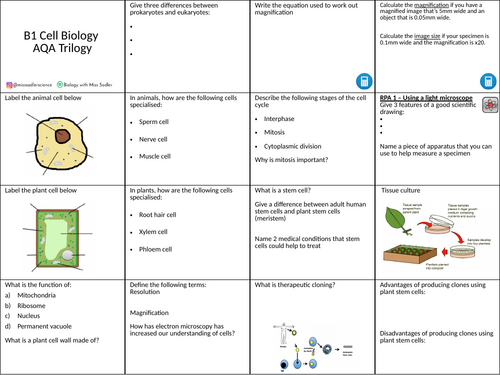AQA Trilogy B1 Cell Biology Revision grids | Teaching Resources