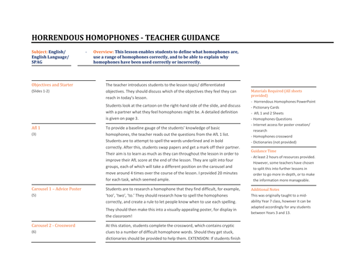 Horrendous Homophones! (Double Lesson) | Teaching Resources