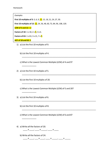 Factors/multiples/HCF/LCM homework sheet | Teaching Resources