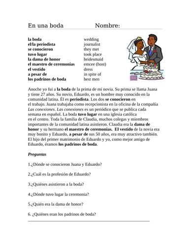 Una boda Lectura ~ At a Wedding Spanish Reading (preterite and ...