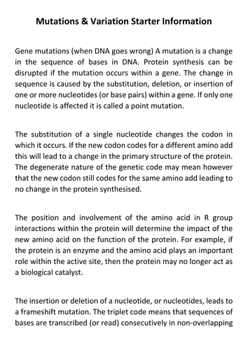 A Level Biology Mutations & Variation Lesson & Activities | Teaching ...