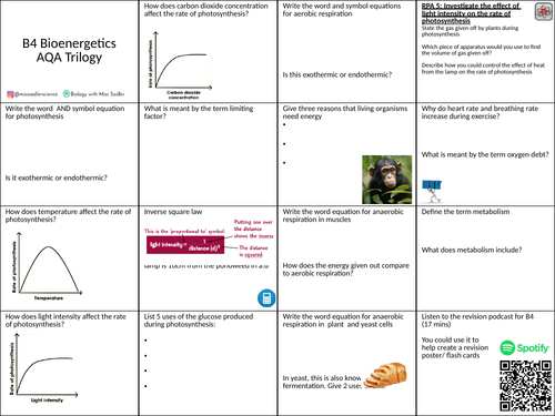AQA trilogy B4 Bioenergetics Revision grid | Teaching Resources