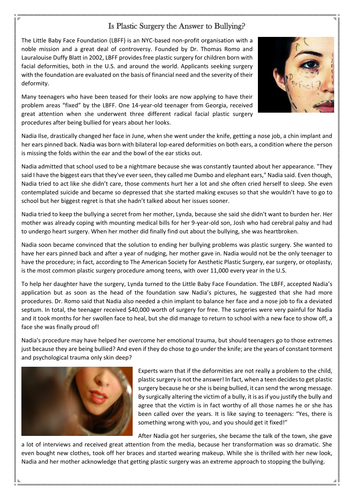 Is Plastic Surgery the Answer to Bullying - Reading Comprehension ...
