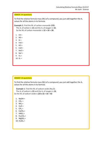 Quantitative Chemistry Worksheets (Moles, Concentration, RFM, Atom ...