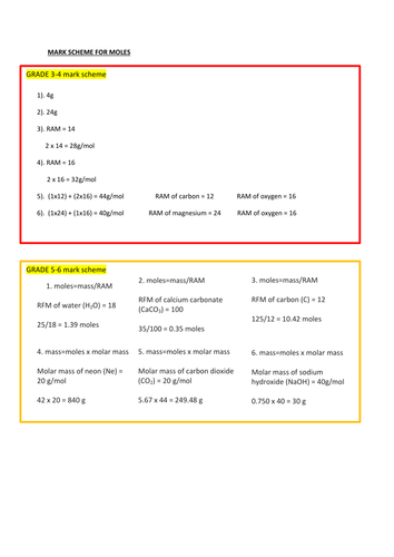 Quantitative Chemistry Worksheets (Moles, Concentration, RFM, Atom ...