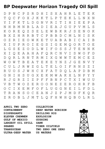 BP Deepwater Horizon Tragedy Oil Spill Word Search | Teaching Resources