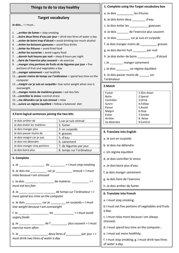 KS3/4 French - Health : things to do to stay healthy (2) | Teaching ...