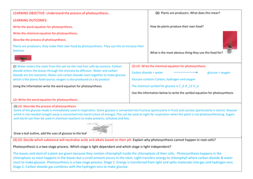 Photosynthesis learning mat, suitable for key stage 3 or starter ...