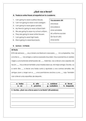 Spanish future tense voy a 2 reading comprehension clothes la ropa ...