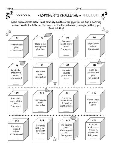 Exponents Challenge PLUS Exponents Greater Than Less Than (4 Worksheets ...