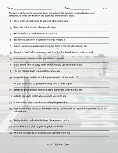 Airports and Hotels Scrambled Sentences Worksheet | Teaching Resources