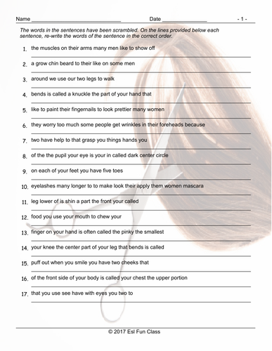 Body Parts Scrambled Sentences Worksheet | Teaching Resources