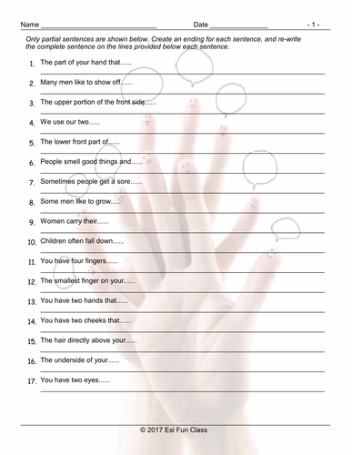 Body Parts Sentence Finishers Worksheet | Teaching Resources