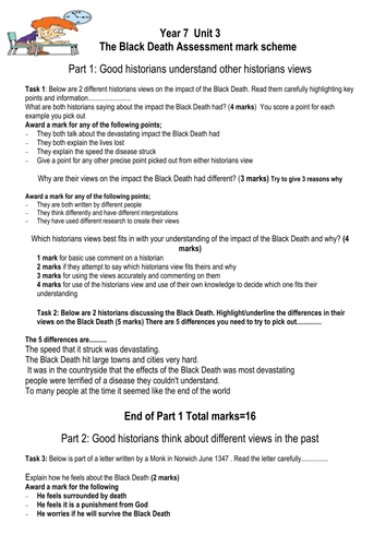 Black Death History key stage 3 assessment | Teaching Resources