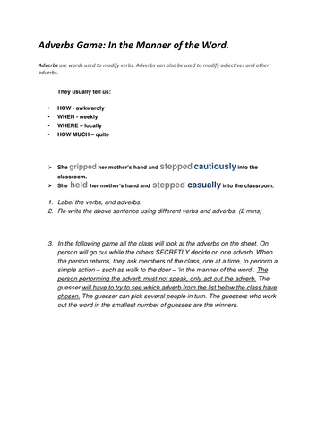Adverbs Game: fun for Key Stage Three, mixed ability. | Teaching Resources
