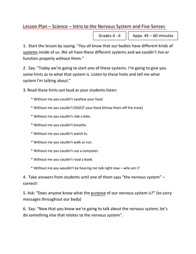 Lesson Plan Introduction to Nervous System and Five Senses | Teaching ...
